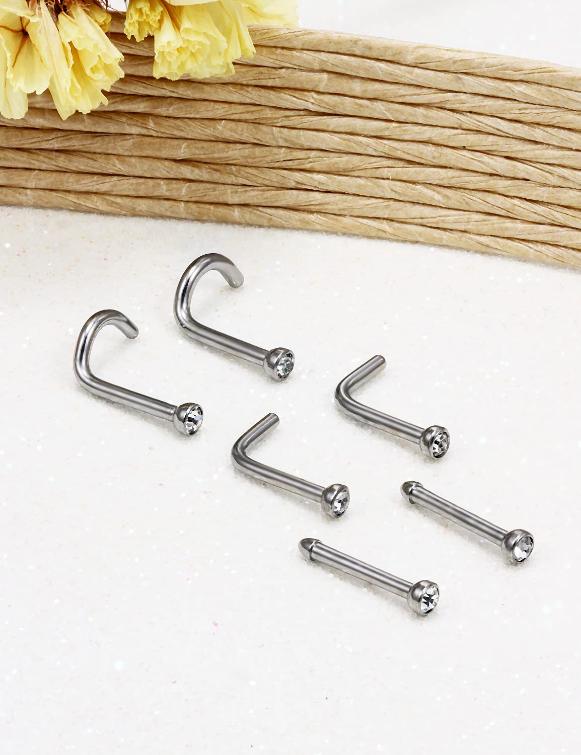 Vsnnsns G23 Titanium Nose Rings for Women 18G Bone L Shaped Nose Studs Screw Nose Rings CZ 2mm Titanium Nose Piercing Jewelry for Men 6Pcs