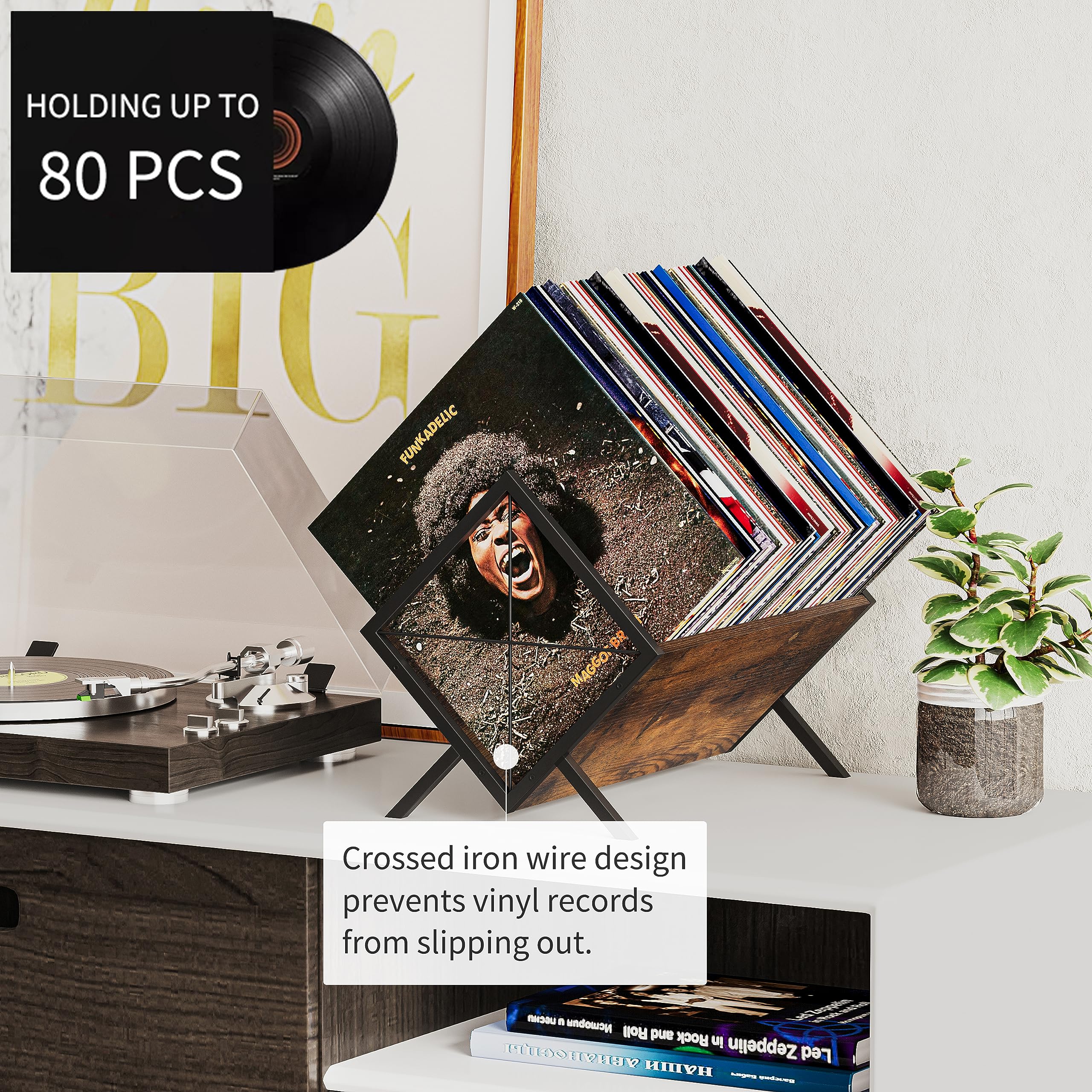 YINMIT Vinyl Record Holder, 80-100 LP Vinyl Record Storage Rack, Quick Assembly Vinyl Record Display, Retro Style Organizer for Magazine, Book, Files, Albums
