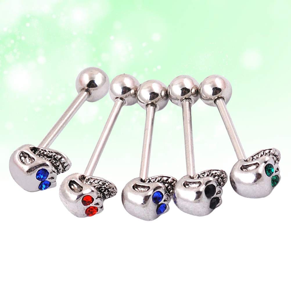 Skeleton Tongue Bar Barbell Piercing Rings Body Retainer Skull Stainless Steel Crystal Jewelry Multi Color 5pcs