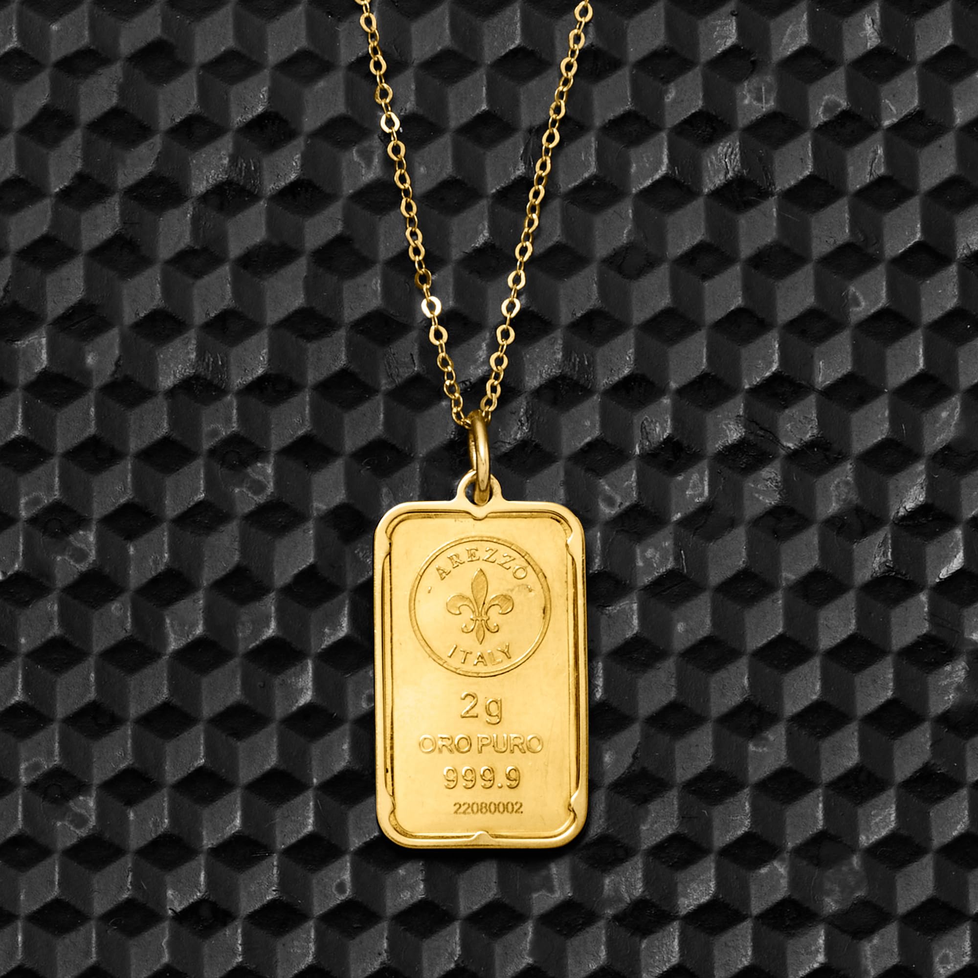 Ross-Simons Italian 24kt Yellow Gold Fleur-De-Lis 2-Gram Ingot Pendant Necklace With 14kt Yellow Gold Frame. 20 inches