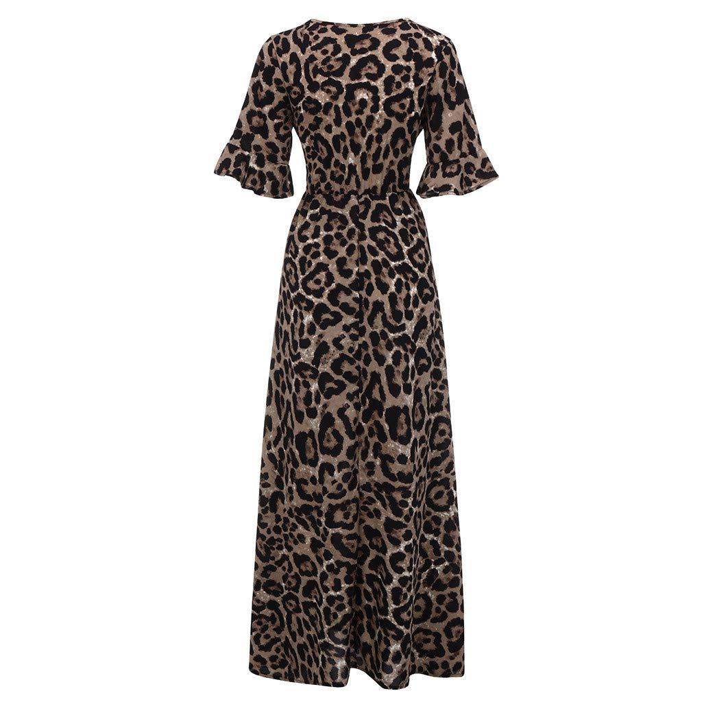 Women Leopard Maxi Dress Plus Size Wrap Deep V Neck Long Dress High Waisted Belt Ruffle Swing Dress