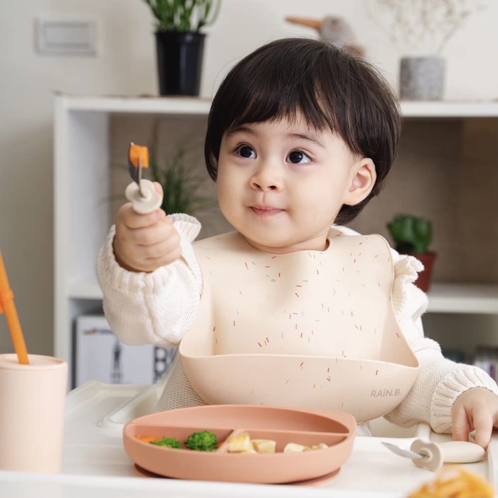 RAIN.B. Baby Silicone Bib 1 Pack- Soft Adjustable Waterproof Baby Food Bibs with Food Catcher|Cherry Blush