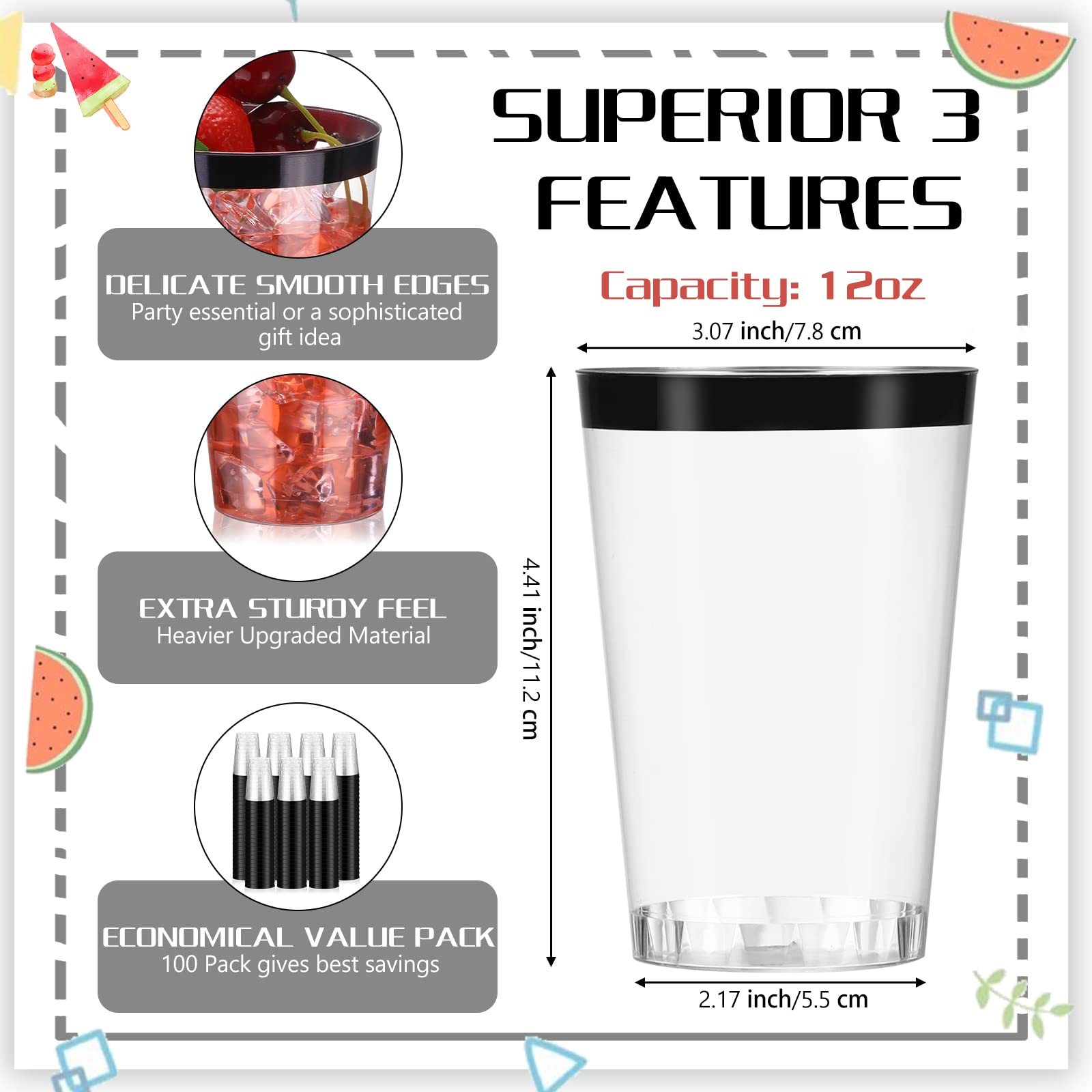 Patelai 100 Pcs 12oz Plastic Cups Disposable Cups 12 oz Plastic Glasses Clear Plastic Tumblers with Rim for Birthday Wedding Party Elegant Wine Coffee Cocktail Cups(Pink)