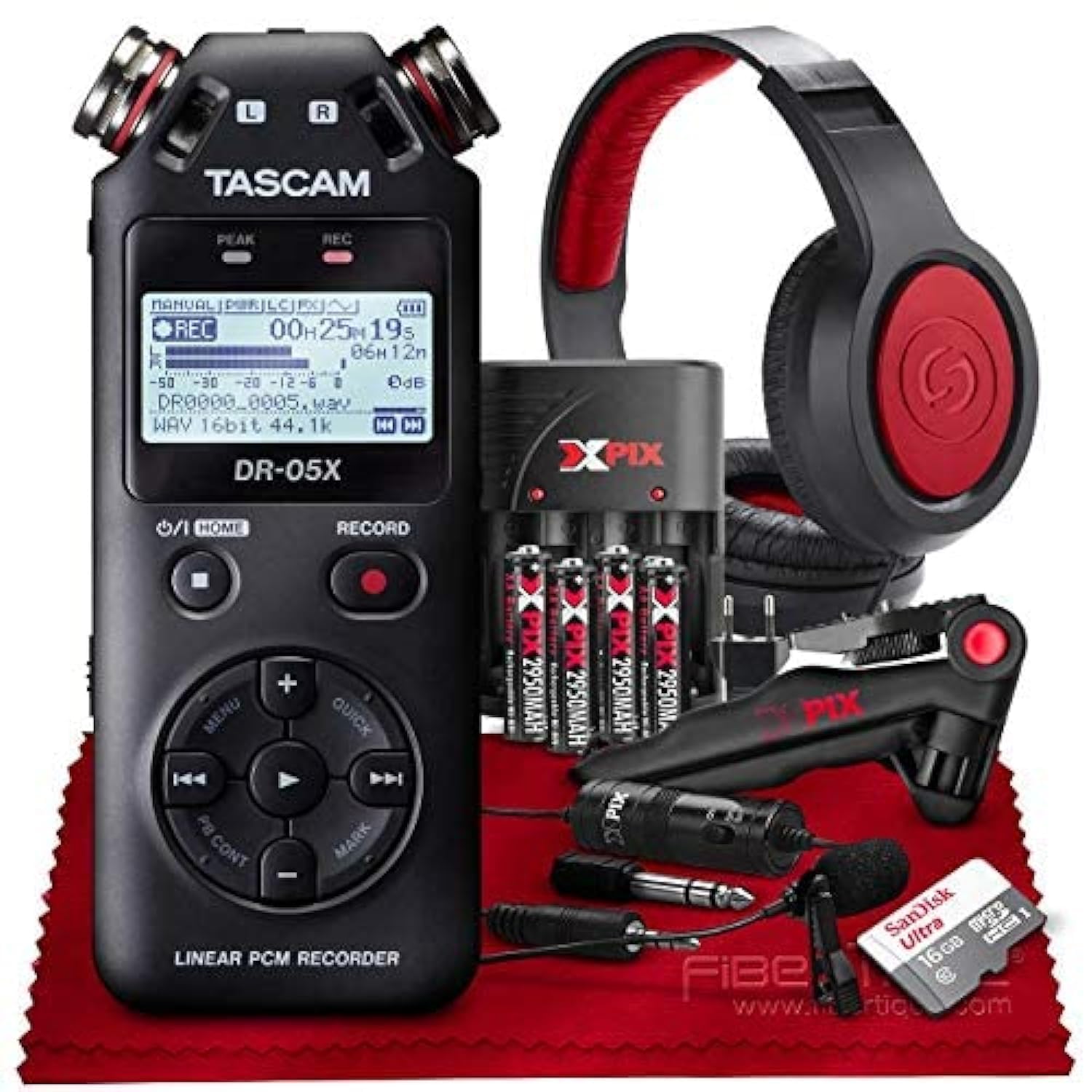 Tascam DR-05X 2-Input / 2-Track Portable Stereo Handheld Digital Audio Recorder w/USB Audio Interface (Black)+ XPIX Lav Microphone + 16GB + Microphone + Premium Accessories Bundle