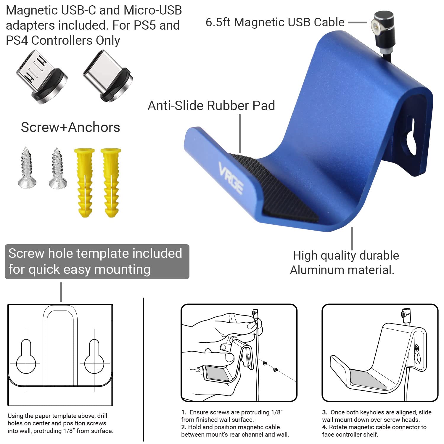 VRGE - Magnetic Game Controller Wall Mount - Premium Anodized Aluminum USB Charging Station Stand and Charger Cable Cord Holder Mount For Sony PlayStation 5 4 Xbox Headphones - Blue Anodized