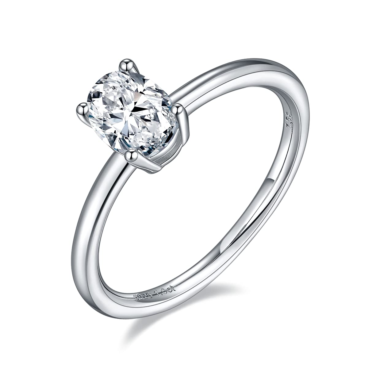 TwoBirch 1 Carat Moissanite Oval Solitaire in Platinum Plated Sterling Silver (CERTIFIED) (Size 5)