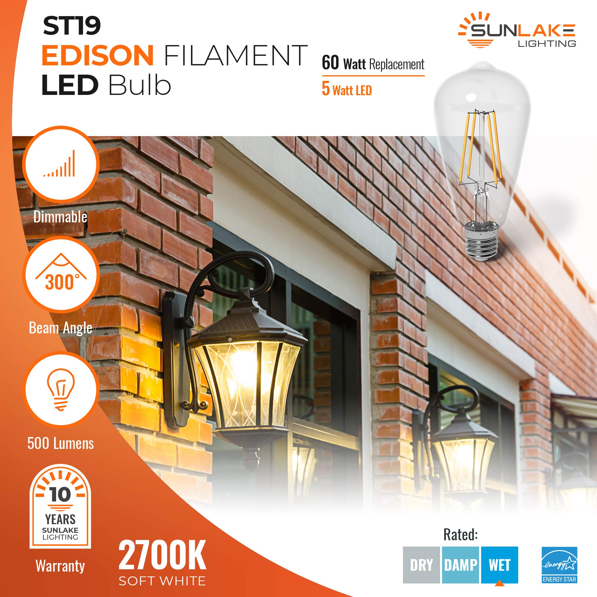SUNLAKE LIGHTING 10 Pack ST19 (ST64) LED Bulb, Vintage Edison Filament ST64 Style Bulb, Dimmable, Wet Rated Waterproof, 5W=60W, 2700K Soft White, 500 LM, E26 Base, Restaurant or Outdoor String Lights