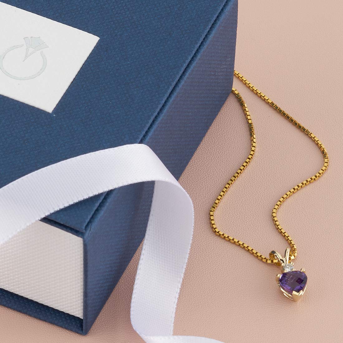 PEORA 14K Yellow Gold Amethyst with Diamond Pendant for Women, Genuine Gemstone Birthstone, Heart Shape Solitaire, 6mm, 0.75 Carat total