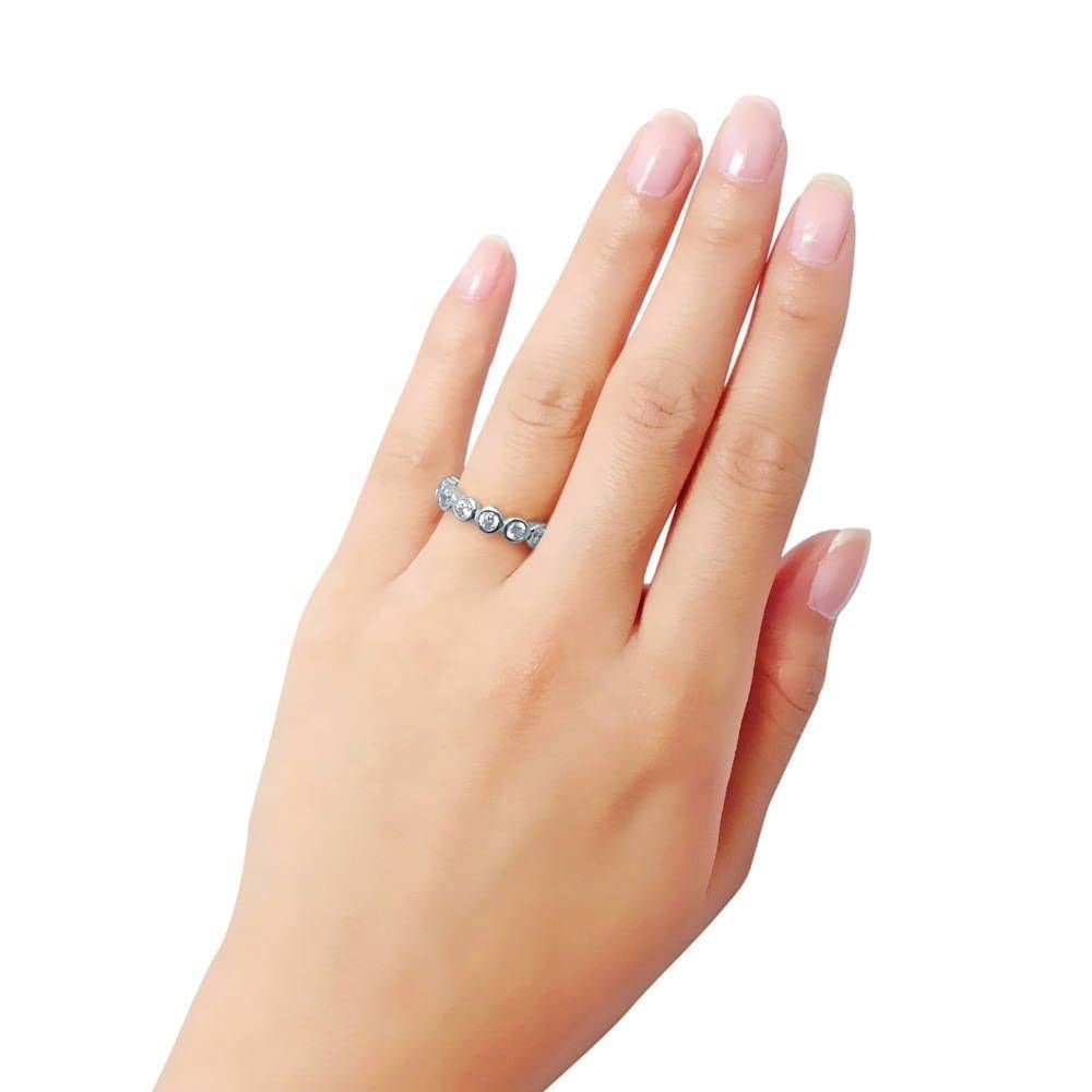 TwoBirch Platinum Plated Sterling Silver Bezel Set Round Cut Moissanite Eternity Ring (GRA CERTIFIED) (3 MM) SIZE 8