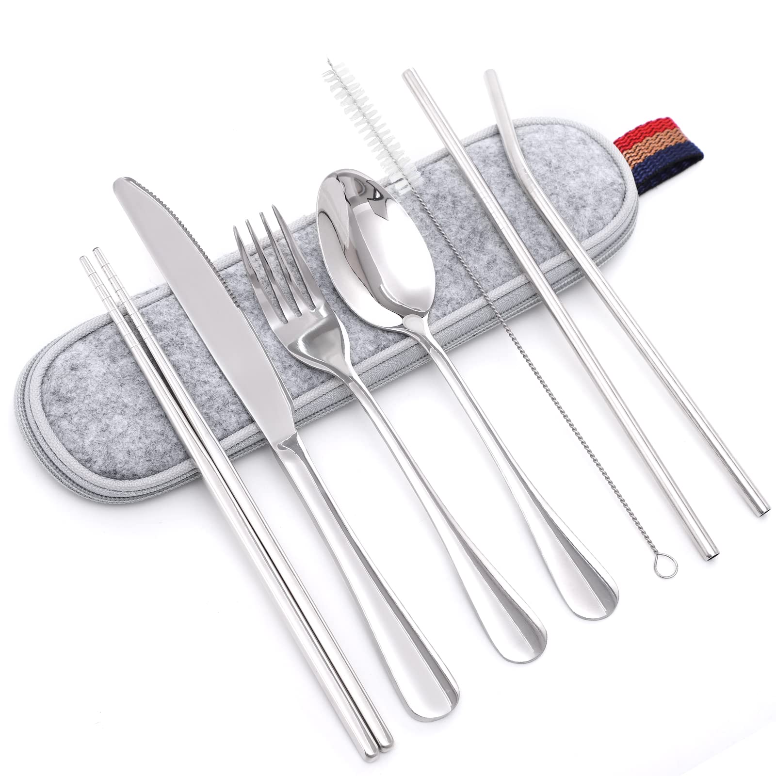 ZXZCTTC 8-Piece Stainless Steel Flatware set, Cutlery Set for Trip Camping,Dishwasher safe,including Knife Fork Spoon Chopsticks Cleaning Brush Straws with Portable Case,Not easy to fade (Silver)