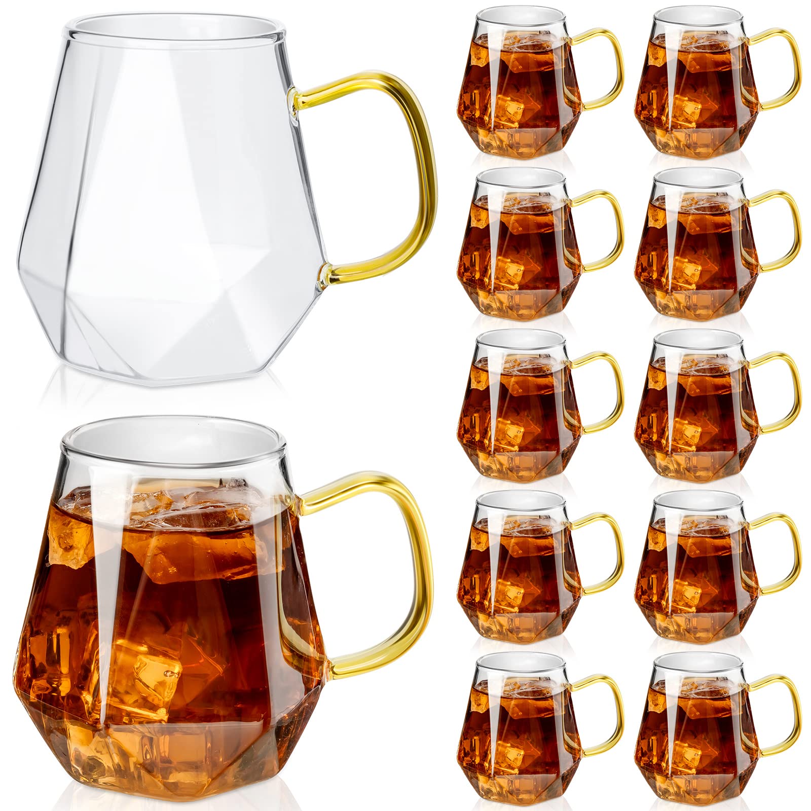 Patelai 12 Pieces Glass Coffee Cups with Handle, 10 oz Crystal Clear Coffee Mugs for Hot Espresso Liquor, Microwave Safe Tea Cups Glass Set Gift, Diamond Design