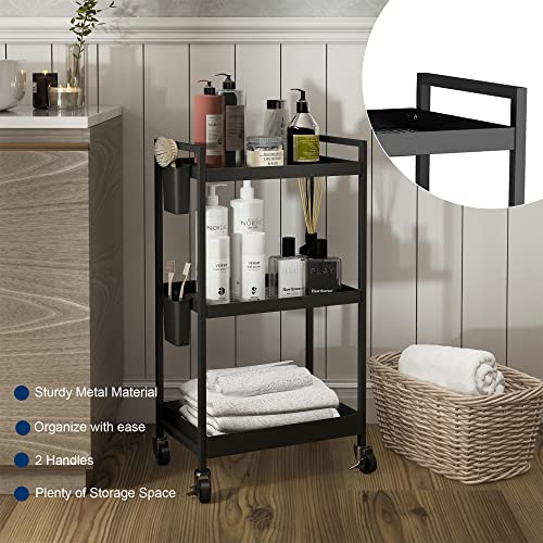 STEEHOOM 3 Tier Utility Rolling Cart, Metal Rolling Storage Cart with Locking Wheels Kitchen Cart with 2 Small Hanging Cups for Bathroom, Office, Balcony, Library, Living Room (Black)
