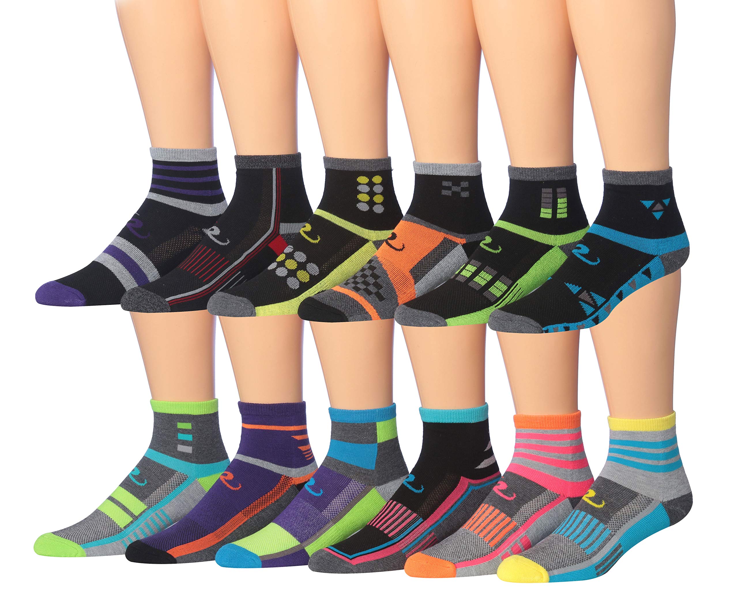 RONNOX Women's 12-Pairs Running & Athletic Sports Performance Ankle/Quarter Socks, RQ13-AB-SM