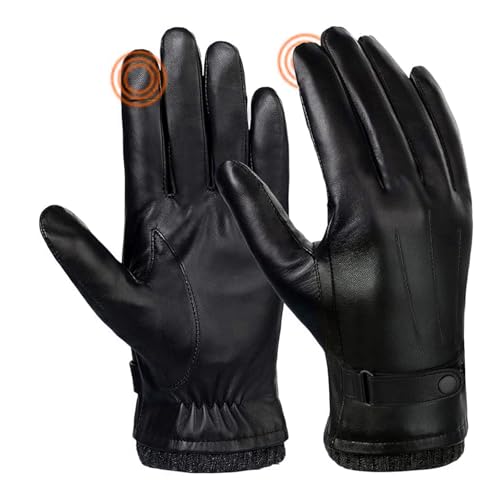 SANKUU Winter Leather Gloves for Men, Touchscreen Snap Closure Cycling Black Gloves Outdoor Riding Warm Waterproof Gloves(Large)