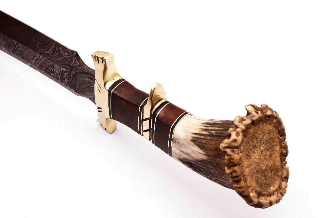 Skokie Knives Damascus Steel hunting Knife Stag Antler Handle with Burl Wood & Brass Guard β15β Handmade Premium Quality Sharp Edge Fix Blade - Genuine Multipurpose Knife β Ideal for Hunting, Camping