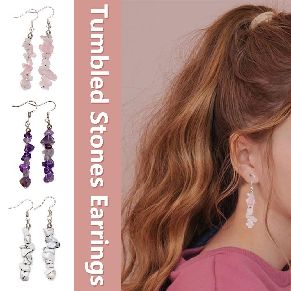 WAINIS 8 Pairs Natural Tumbled Stone Dangle Earrings for Women Colorful Crystal Dangle Drop Hook Earrings Chakra Healing Gemstone Chip Earrings Set