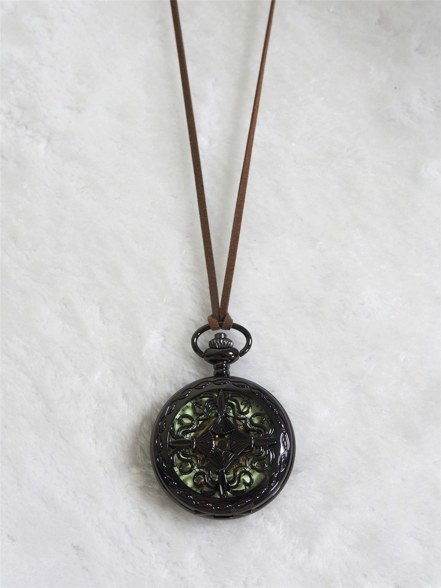 SEWOR Mens Luminous Dial Hand Wind Mechanical Pocket Watch with Brand Leather Gift Box (Stand Up Black) (Green)