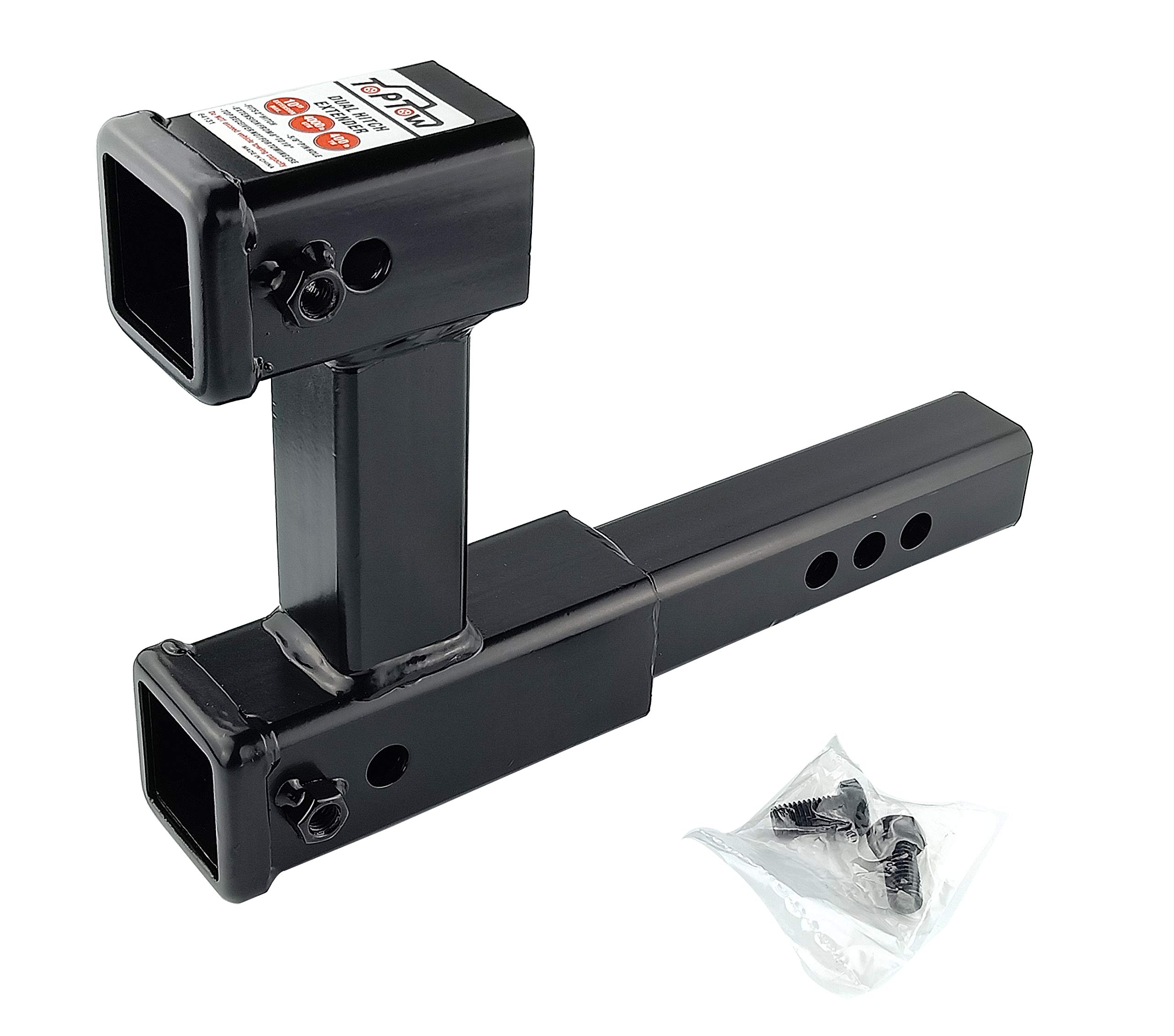 TOPTOW 64131HL Dual Hitch Extension with Hitch Lock, Fits for 2 inch Receiver, Extender to 10 inch Max. Length & 7-1/2" Riser