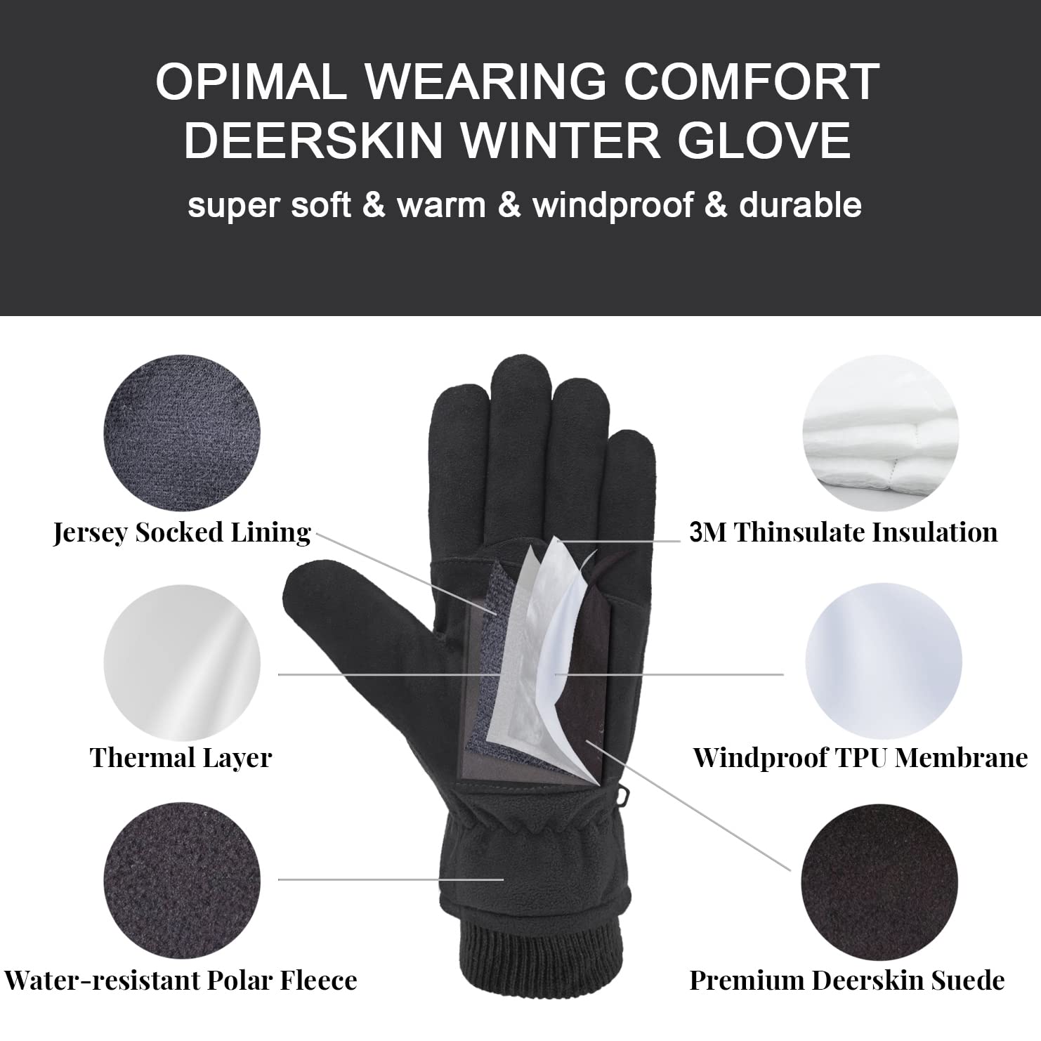 SKYDEER Winter Gloves with Premium Genuine Deerskin Suede Leather and Windproof Polar Fleece (SD8661KW/L)