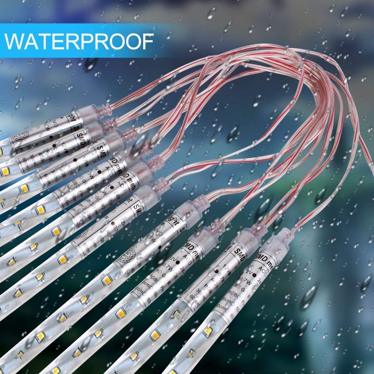 Vikdio Meteor Shower Rain Lights, 50cm 16 Spiral Tubes 864 LEDs 5.25m Lit Length Waterproof Snowfall LED Lights for Wedding Christmas Garden Tree Home Decor, Support 2 Sets Connected (Blue)