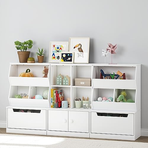 UTEX Kids Toy Storage Organizer, Bookshelf for Kids and Bookcase with Drawer, Children Open Storage Cubby for Kids Room Playroom Nursery White
