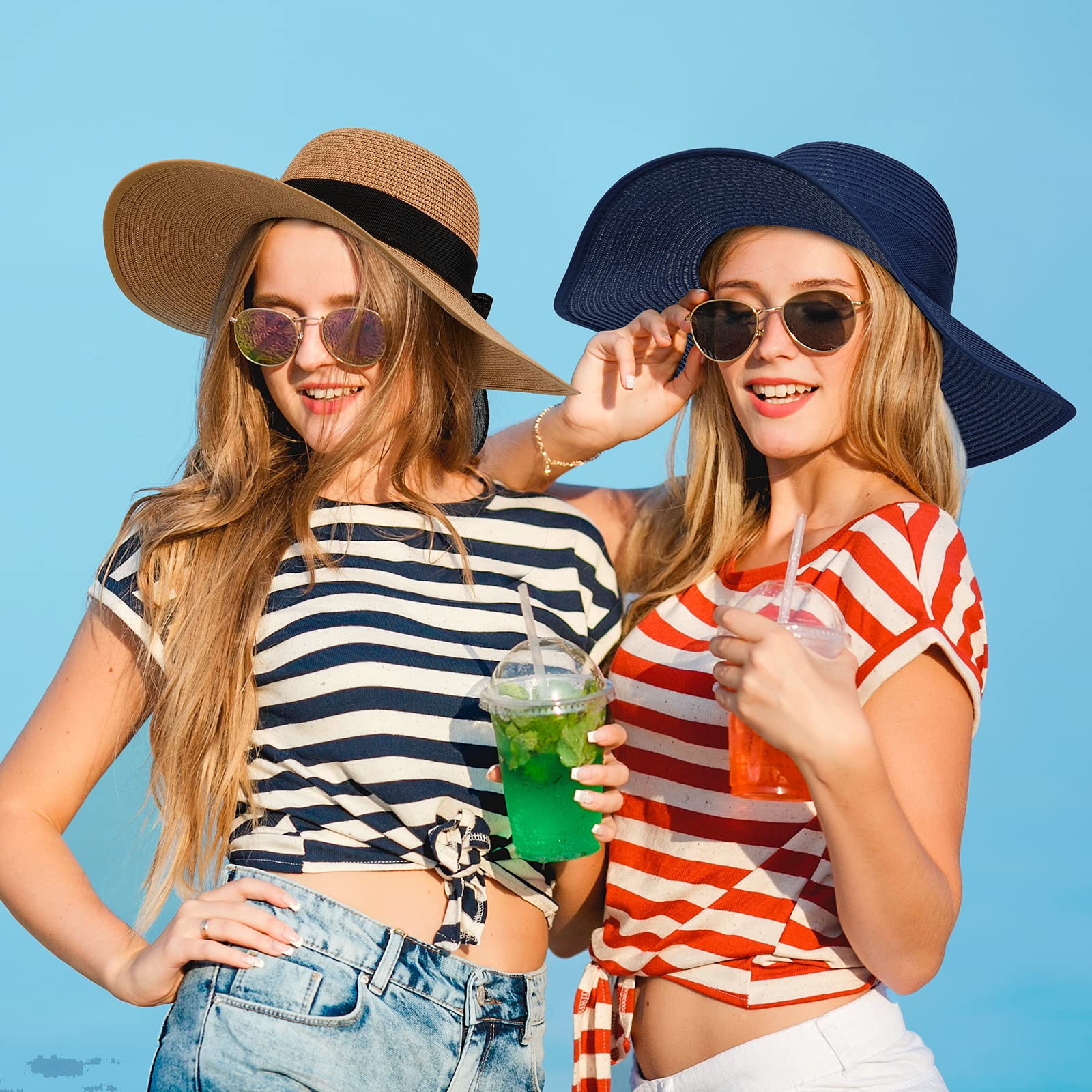 Women Straw Beach Sun Hat: Large Summer Floppy Sunhat with Wide Brim for Ladies - Foldable & Packable UV Protection UPF 50 Hat (Navy)