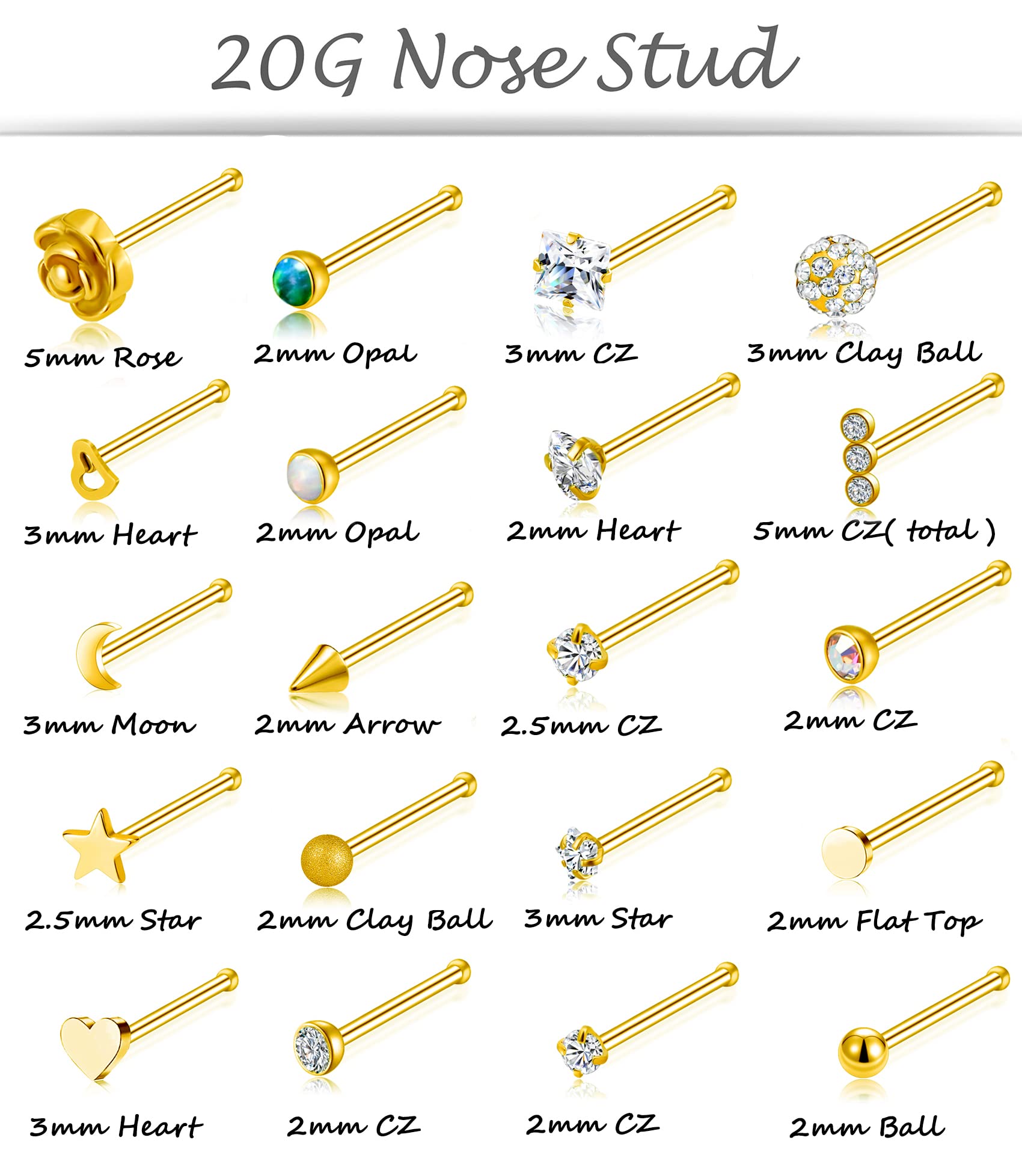 Tornito 20G 20Pcs Nose Ring CZ Nose Stud Retainer L Bone Screw Shaped Nose Piercing Jewelry Set for Women Men Stainless Steel Rose Gold Tone (D:20Pcs,Bone Shaped, Gold Tone)