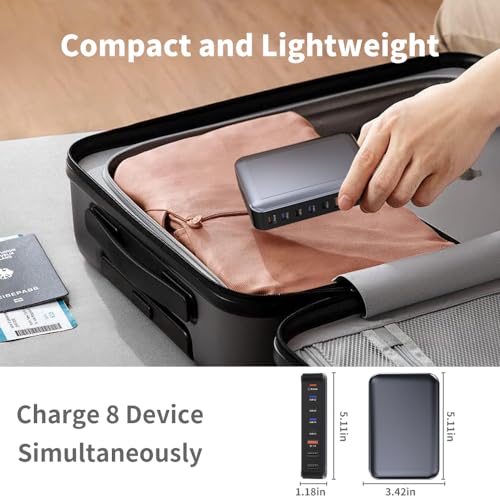 USB C Charger, 185W 8-Port USB C Charging Station with 5 USB-C Ports +3 USB-A Ports, USB C Wall Fast Charger Block for Tablets, Headphones, Smart Watches and More