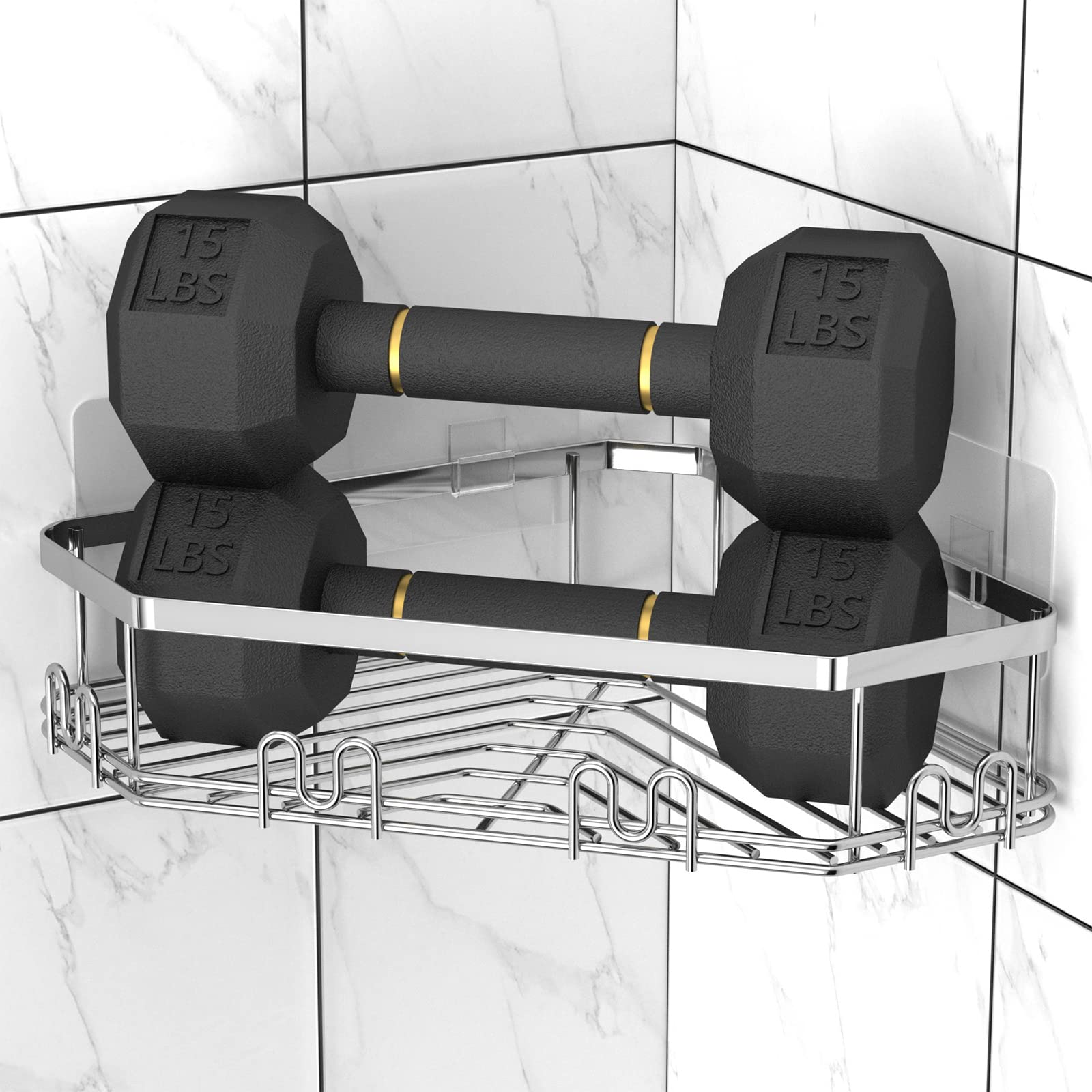 STEUGO Corner Shower Caddy, Shower Organizer Corner Shower Shelf with 12 Hooks,3-Pack Adhesive Stainless Steel Shower Shelves for Bathroom Storage,No Drilling Wall Mounted Shower Rack (Silver)