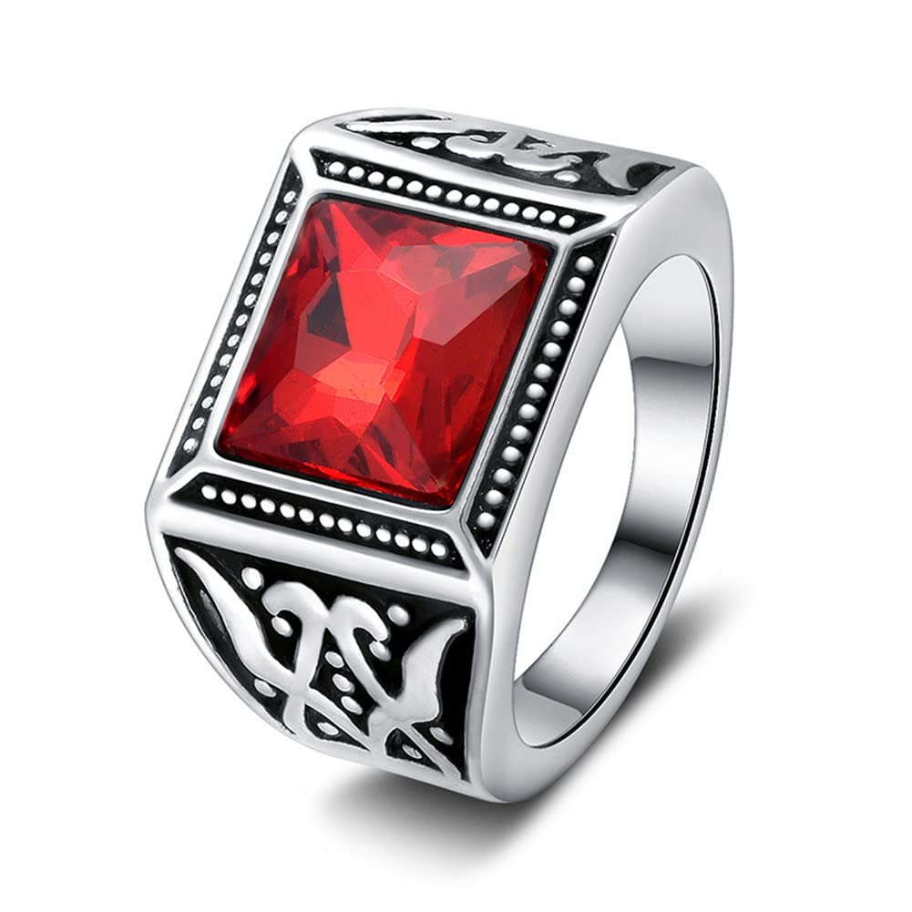 yihan jewelry Unisex Retro Square Diamond Cut Face Red Crystal Band Ring Antique Silver Plated Vintage Patterns Gem Joint Rings Valentine's Day gift (10)