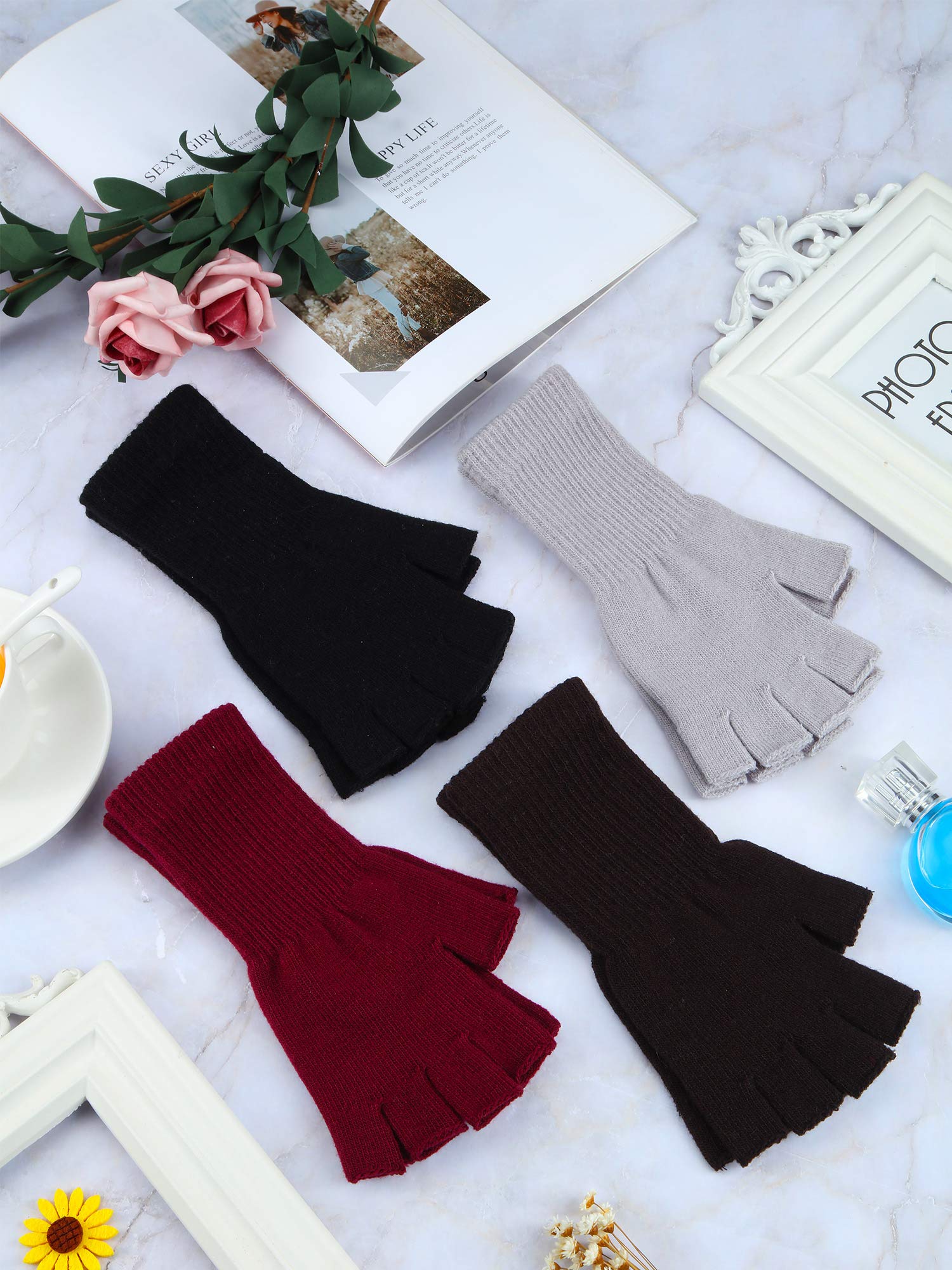 SATINIOR Fingerless Gloves for Women Half Finger Typing Gloves with Long Wrist Cuff Winter Knit Fingerless Mittens for Women (Black, Red, Light Grey, Coffee, 4 Pairs)