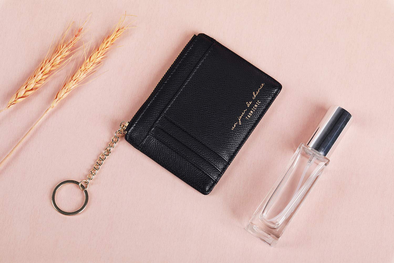 Prometheism Women Slim Leather Card Case Holder Small Wallet Cute Coin Purse Girl Mini Wallet with Keychain (Black)