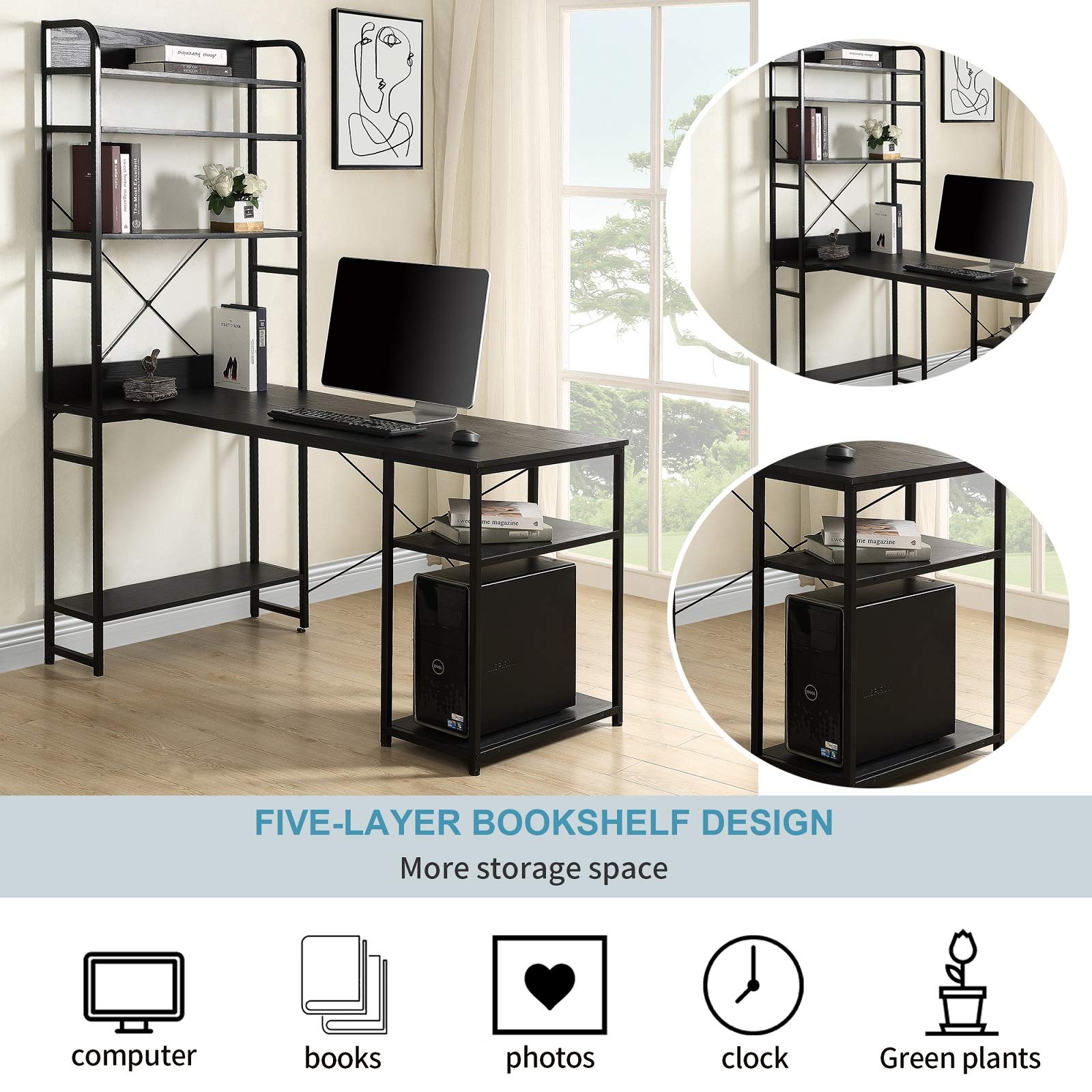 Rhomtree Computer Desk with Storage Shelves Large L-Shaped Home Office Desk PC Laptop Writing Table Workstation with Hutch Bookshelf (Black)