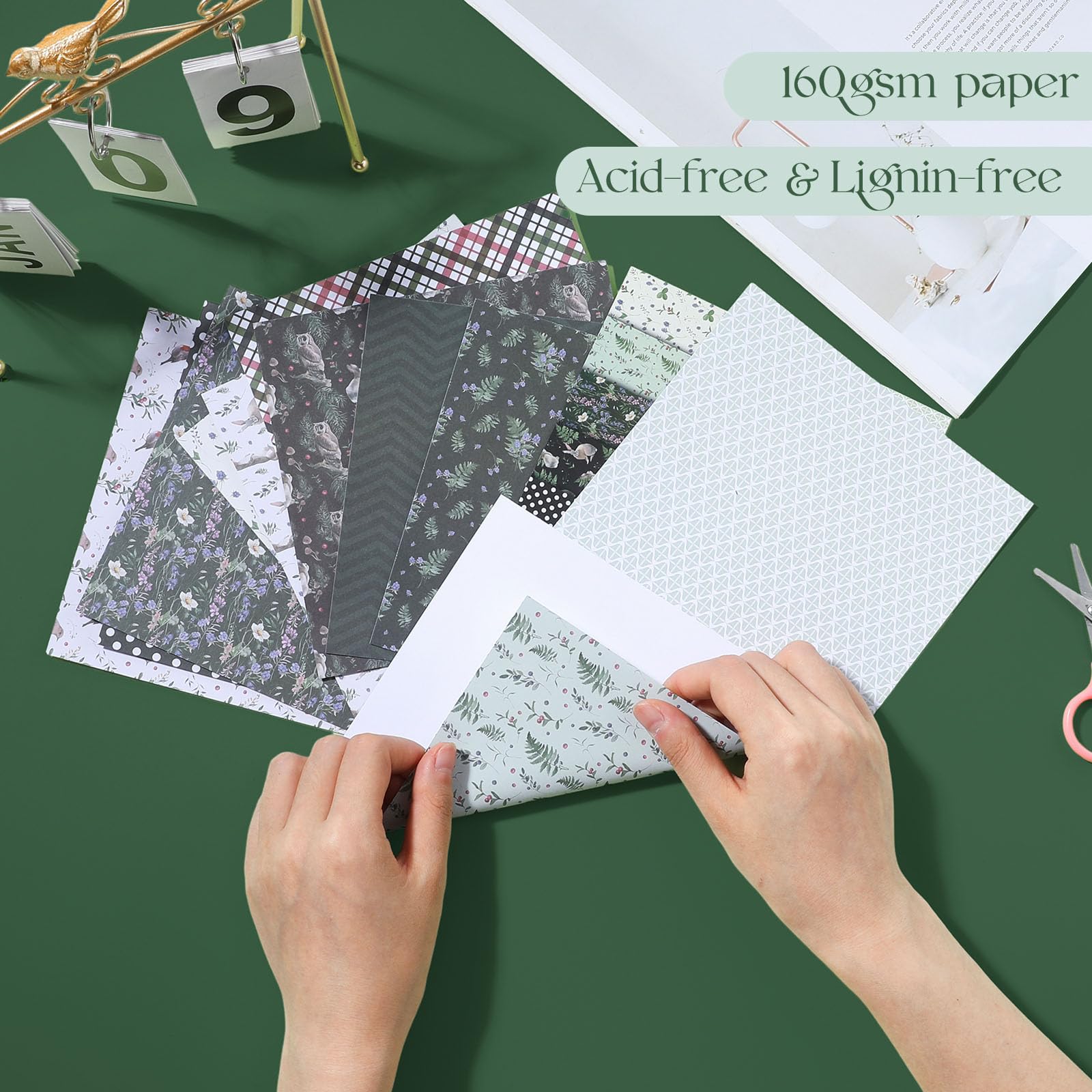 PUIKSXER 24 Sheets Forest Themed Scrapbook Paper, 6 x 6 Inches Animals Green Leaves Dots Pattern Paper Single-Sided Decorative Cardstock for Junk Journal Card Making Background Paper