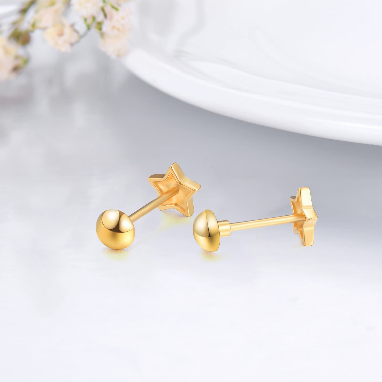 Solid 18k Yellow Gold Star Earrings Screw Back, Real Gold Studs for Women