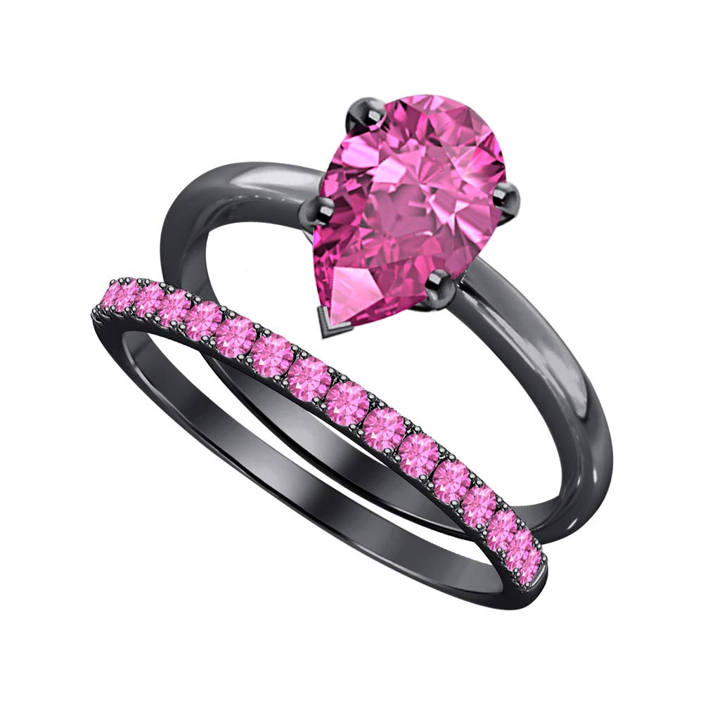 Solitaire Pear Shape Created Pink Sapphire Wedding Band Engagement Bridal Ring Set for Women 18k Black Gold Over .925 Sterling Silver