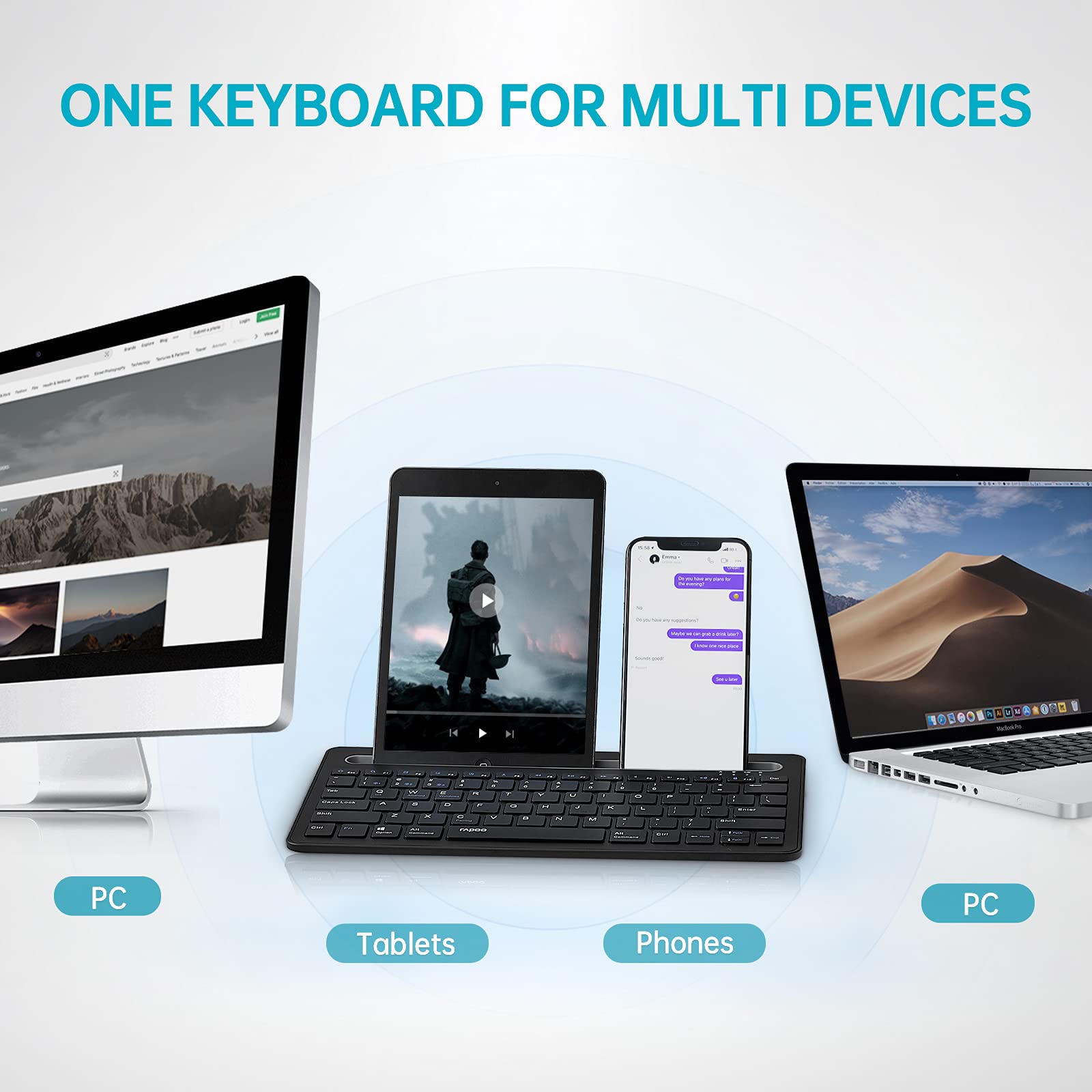 Rapoo XK100 Multi-Device Bluetooth Keyboard with Integrated Stand Rechargeable Portable, Connect Upto 3 Devices for Tablet Cellphone PC Smart TV, Compatible with Windows 7/8/10/XP Vista Linux Mac