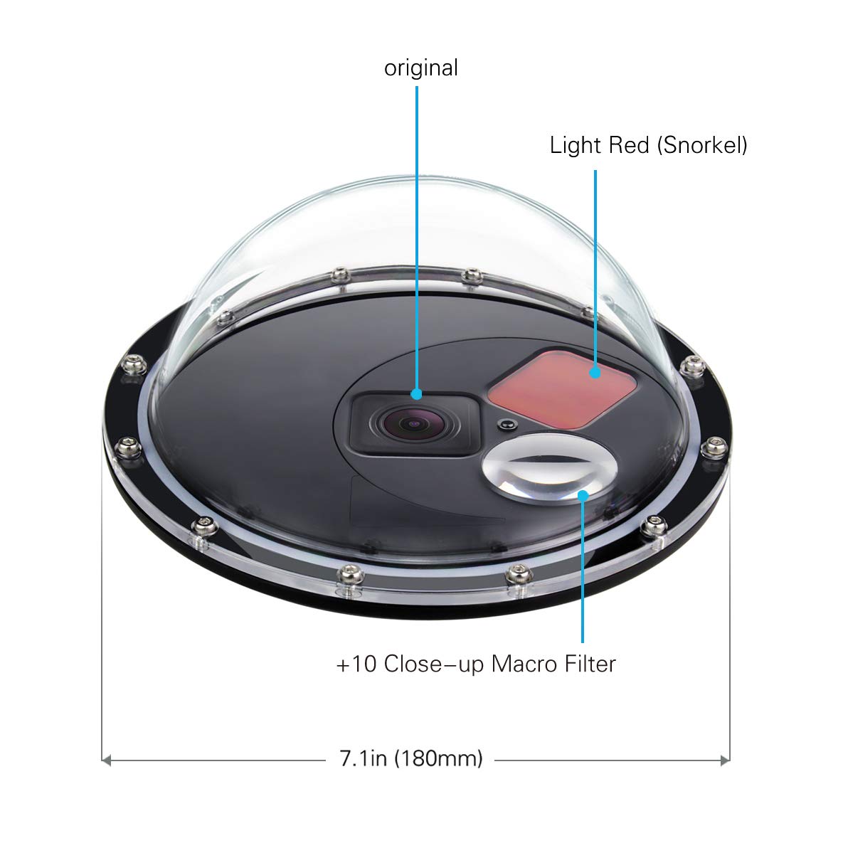 Six (6) inch Multimode Waterproof Dome Port for GoPro Hero 5,6,7 Black with Waterproof Housing, Shutter Trigger, 10x Magnifier and red Filter - Waterproof up to 45 Meters