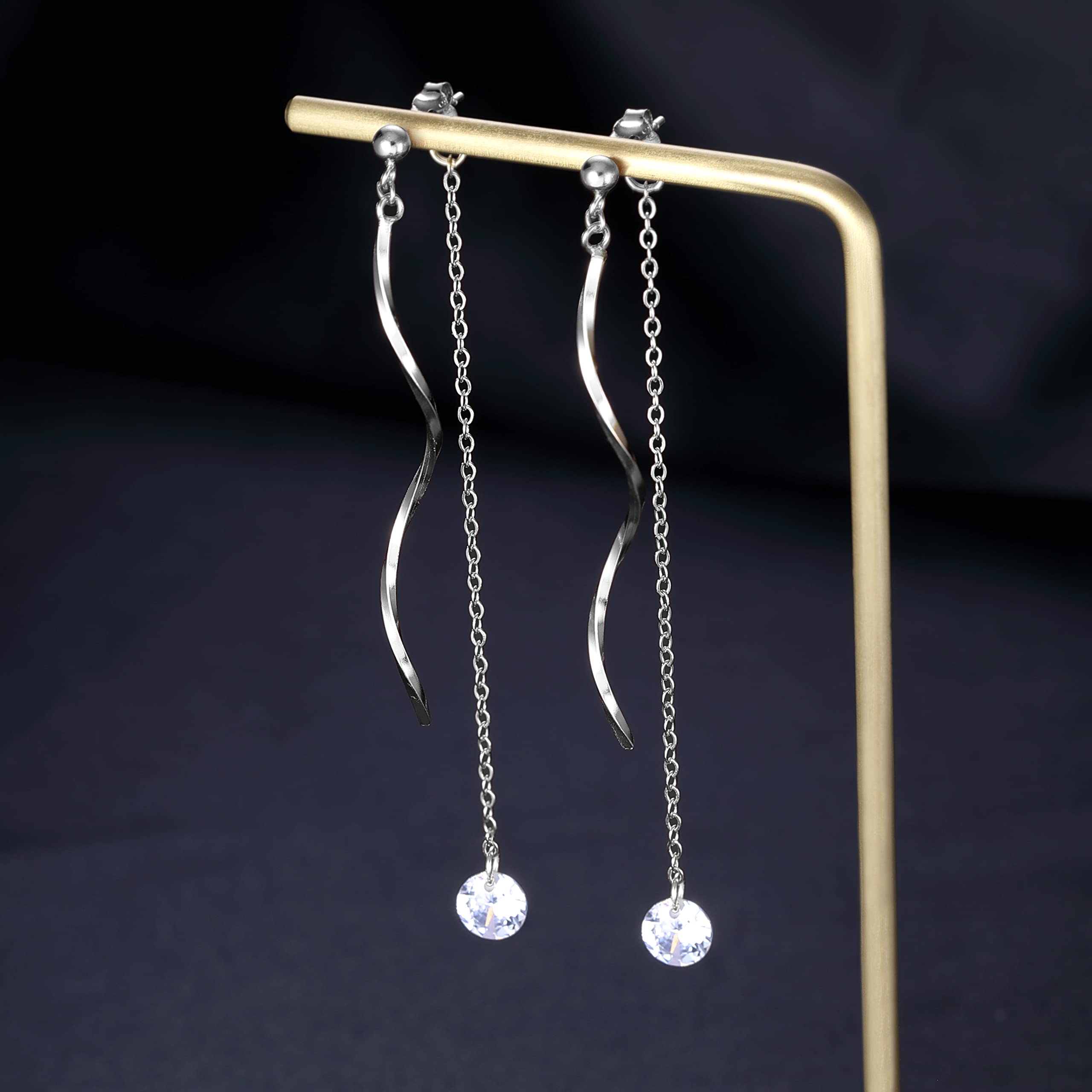 SLUYNZ 925 Sterling Silver CZ Droplet Dangle Earrings Chain for Women Teen Girls Long Dangle Earrings Curved Tassel (A-Silver)