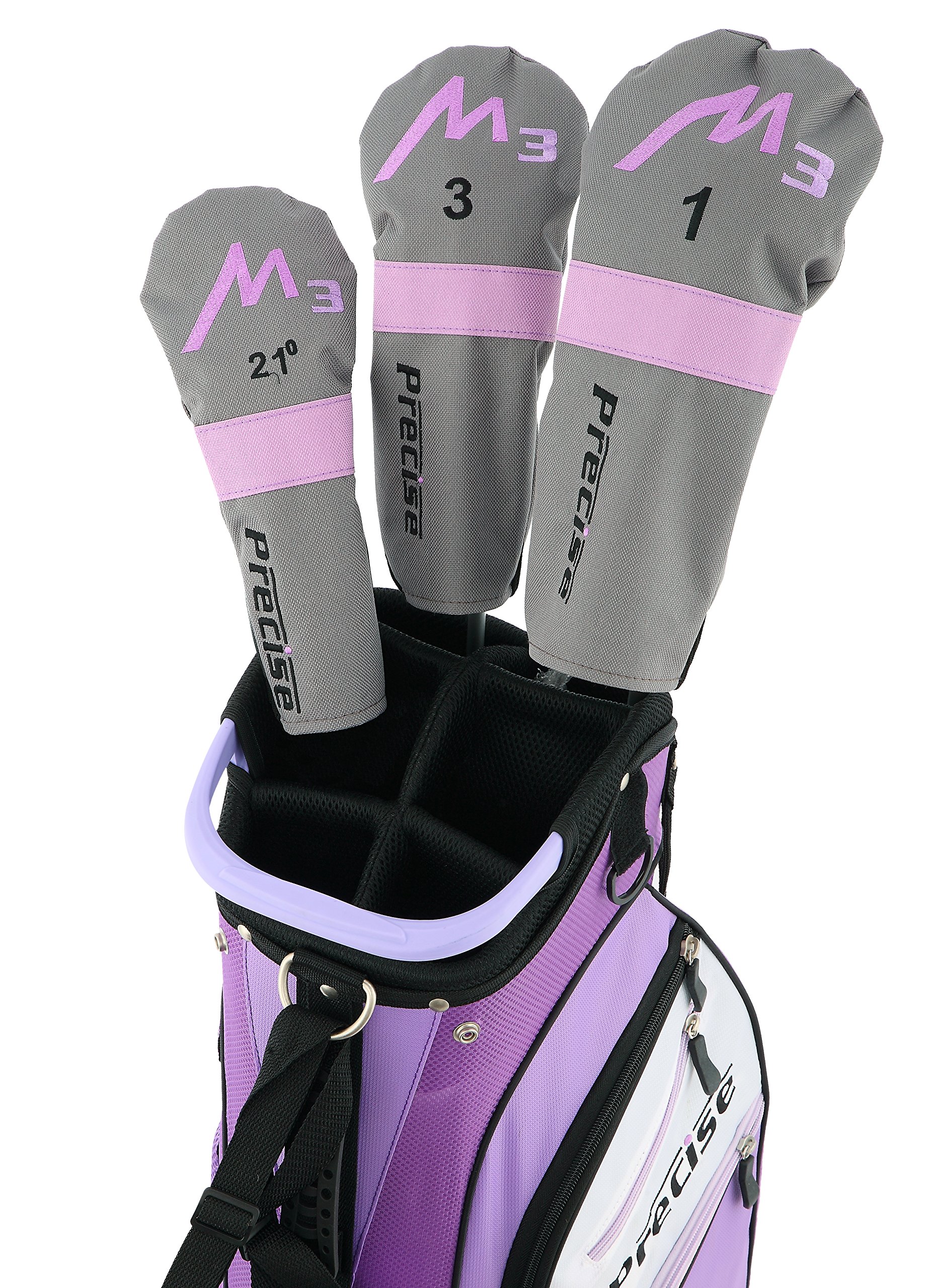 Precise M3 Ladies Womens Complete Golf Clubs Set Includes Driver, Fairway, Hybrid, 7-PW Irons, Putter, Stand Bag, 3 H/C's Purple - Regular, Petite or Tall Size! (Petite Size -1", Right Handed)