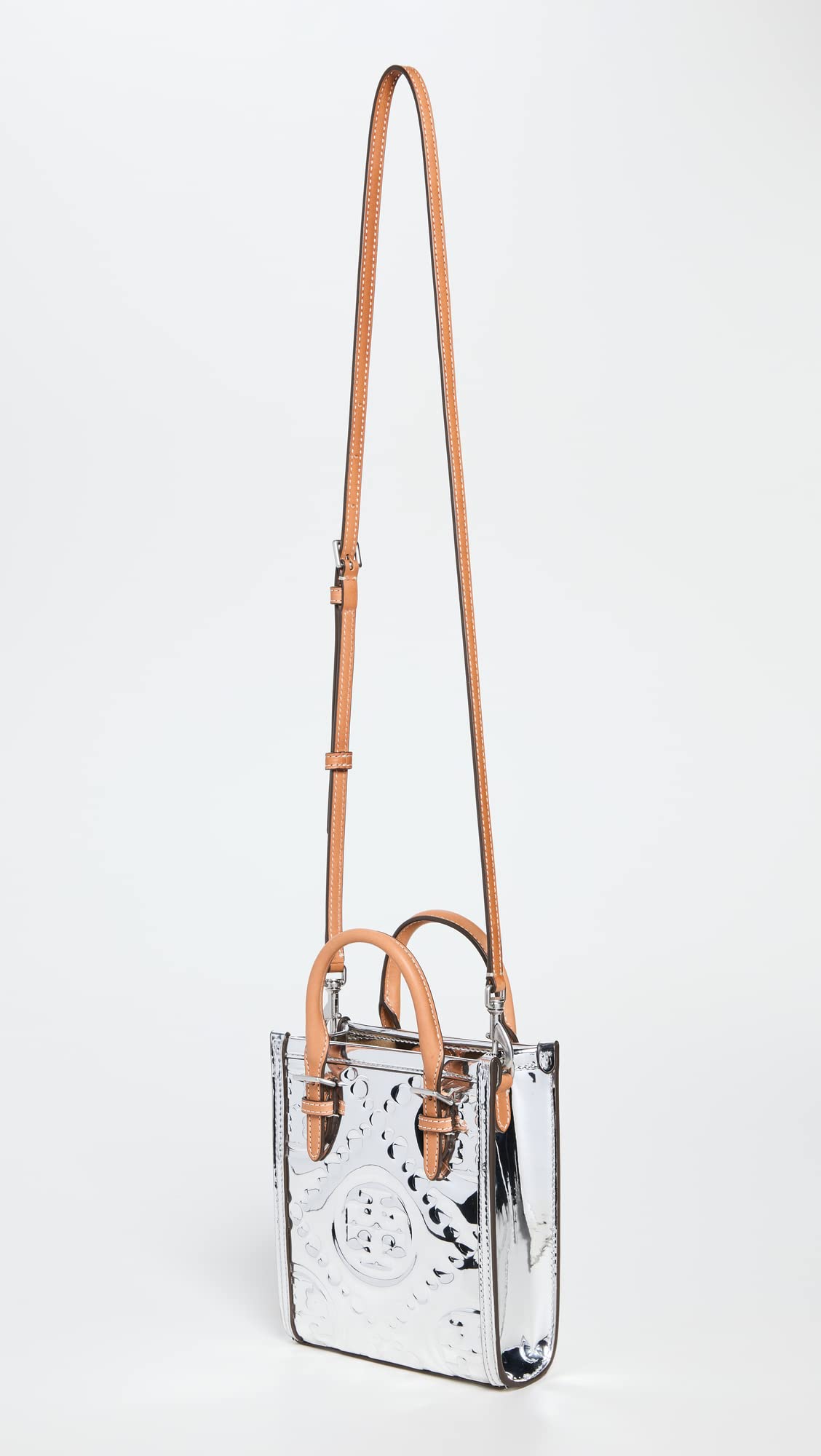 Tory Burch Women's T Monogram Embossed Metallic Mini Tote, Silver, One Size