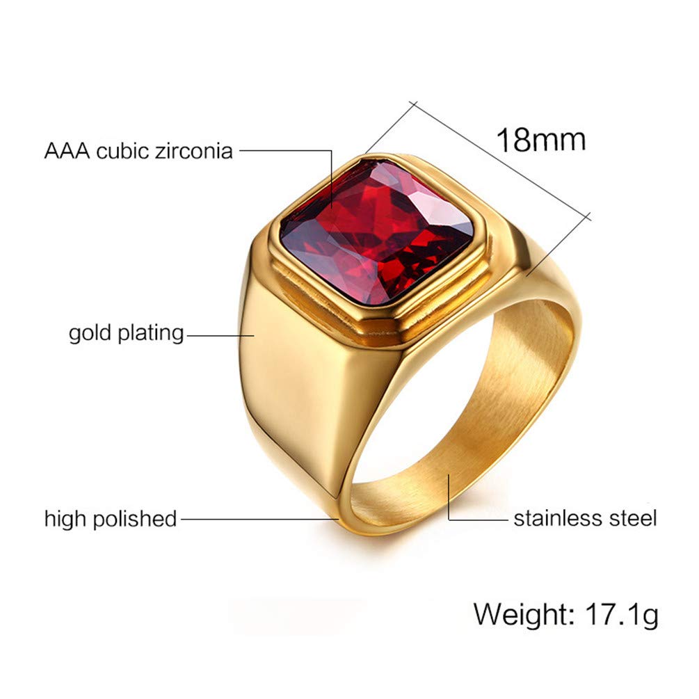 PMTIER Men's Stainless Steel Simple Gold Plated Ring with Square Red Gem Stone Size 10