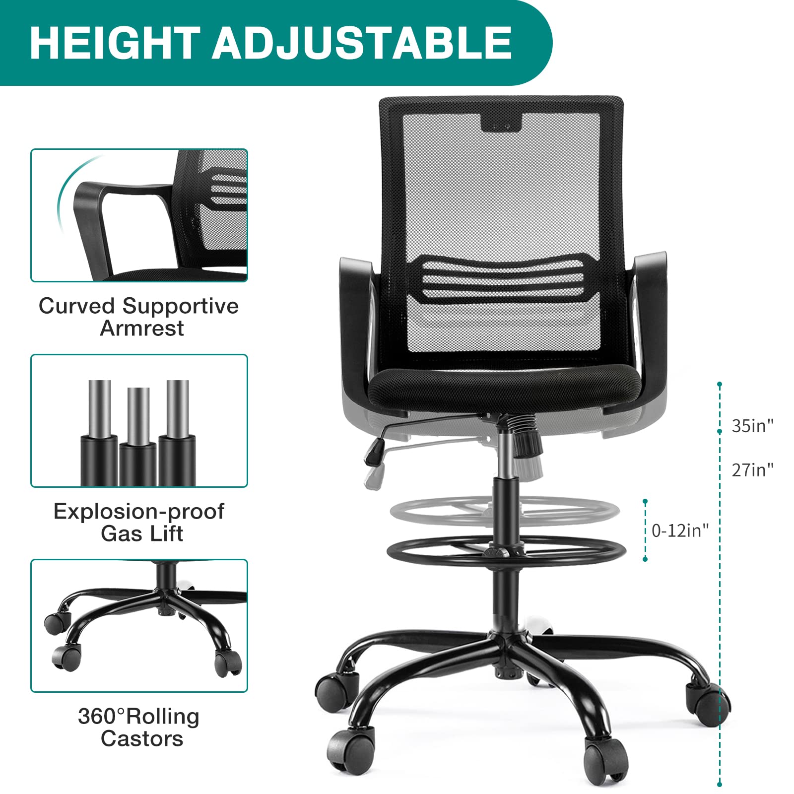 OLIXIS Tall Standing Office Desk Adjustable Foot Ring Drafting Chair, Darkblack