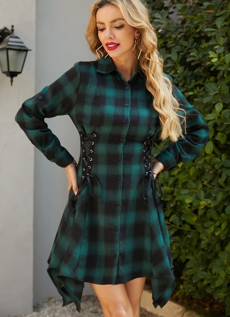 Women's Goth Punk Plaid Dress Handkerchief Hem Lapel Collar Dress Dark Green 2XL