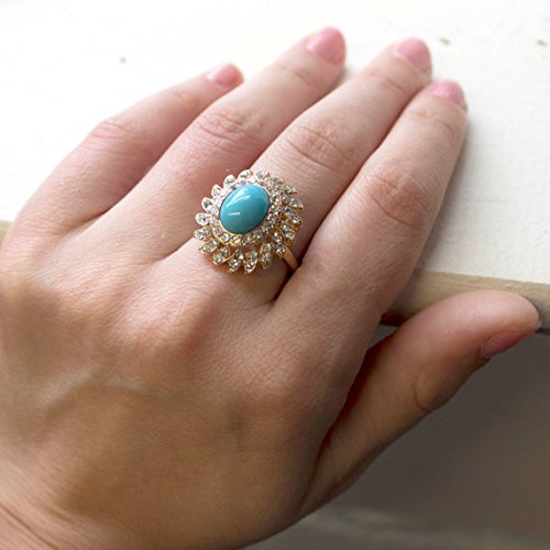 Providence Vintage Jewelry Turquoise Bead with Clear Austrian Crystals 18k Yellow Gold Electroplated