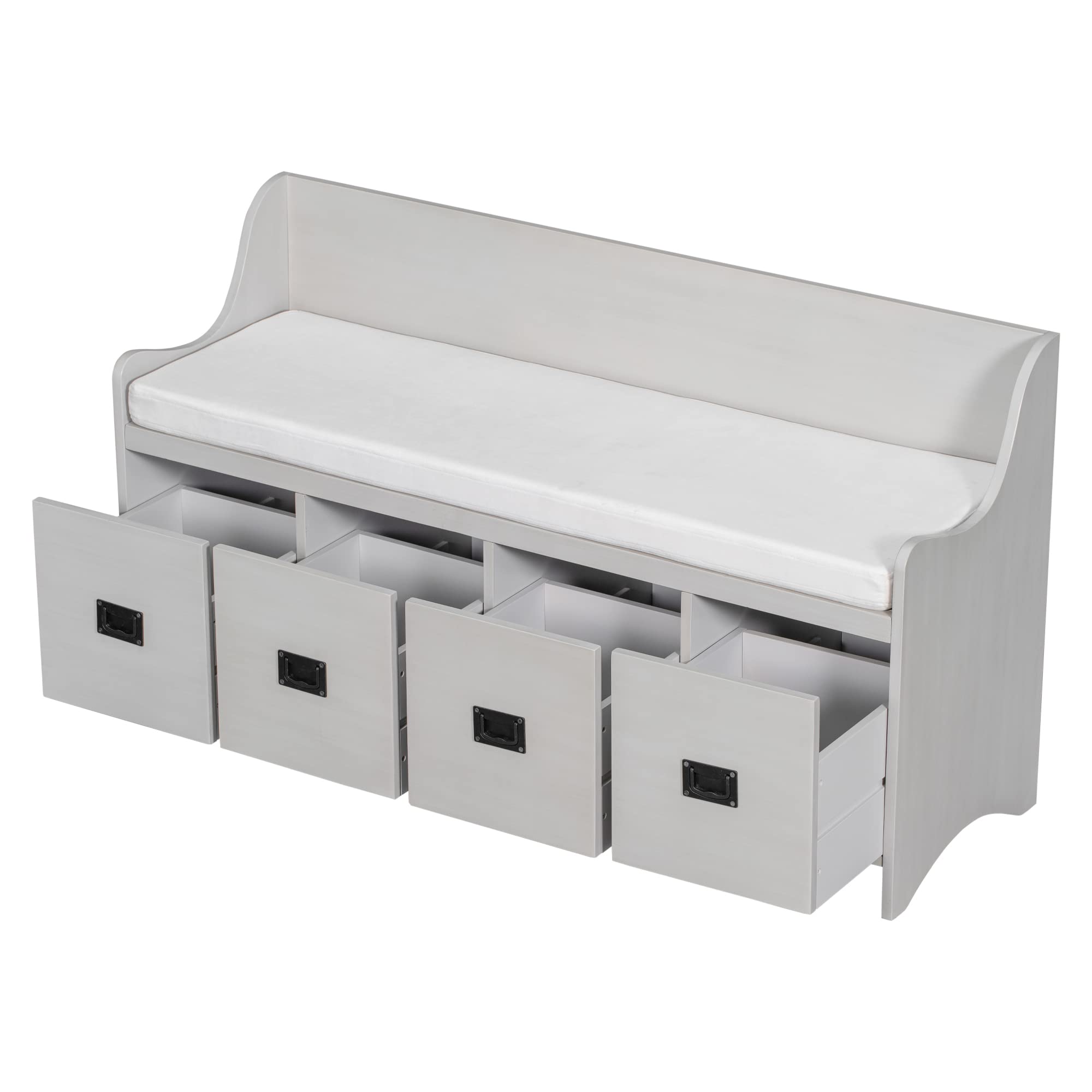 Storage Bench Wooden Entryway Benches with Drawers, Movable Cushion and Backrest Multifunctional Storage Bench for Entryway, Foyer or a Mudroom (White)