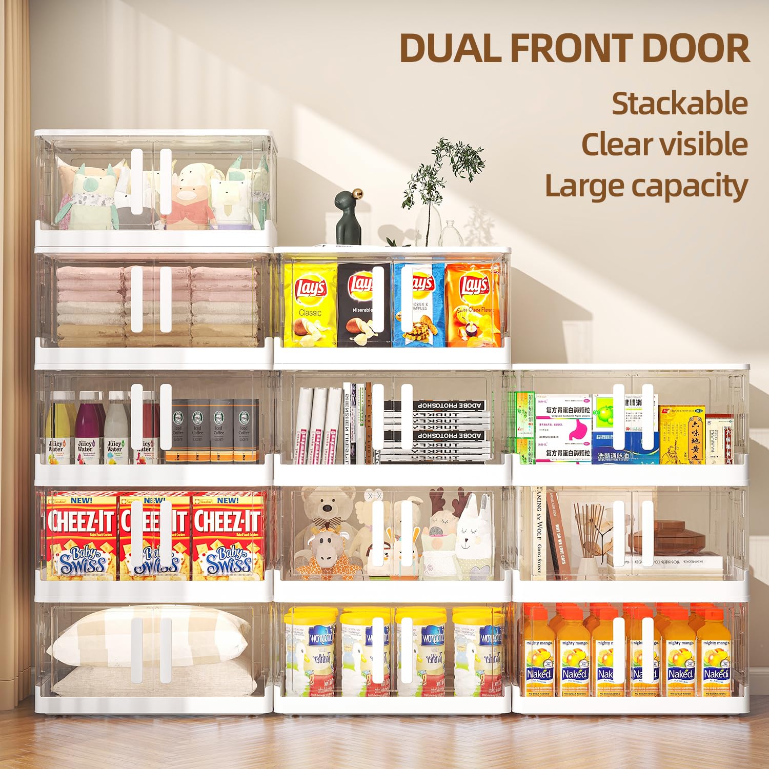 Storage Bins with Lids, 11 Gal Collapsible Storage Bins With Lids - Plastic Storage Bins with Lids, Large Closet Organizers and Storage, Double Door Stackable Storage Bins for Clothes (4 Pack)