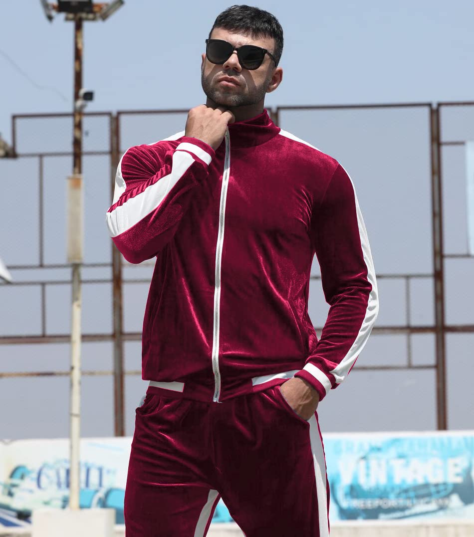 YAOGRO Velour Tracksuit Sweatsuit Set:Men's Jogging Suits Full Zip Casual Jackets Pants 2 piece Outfit Athletic Workout Red