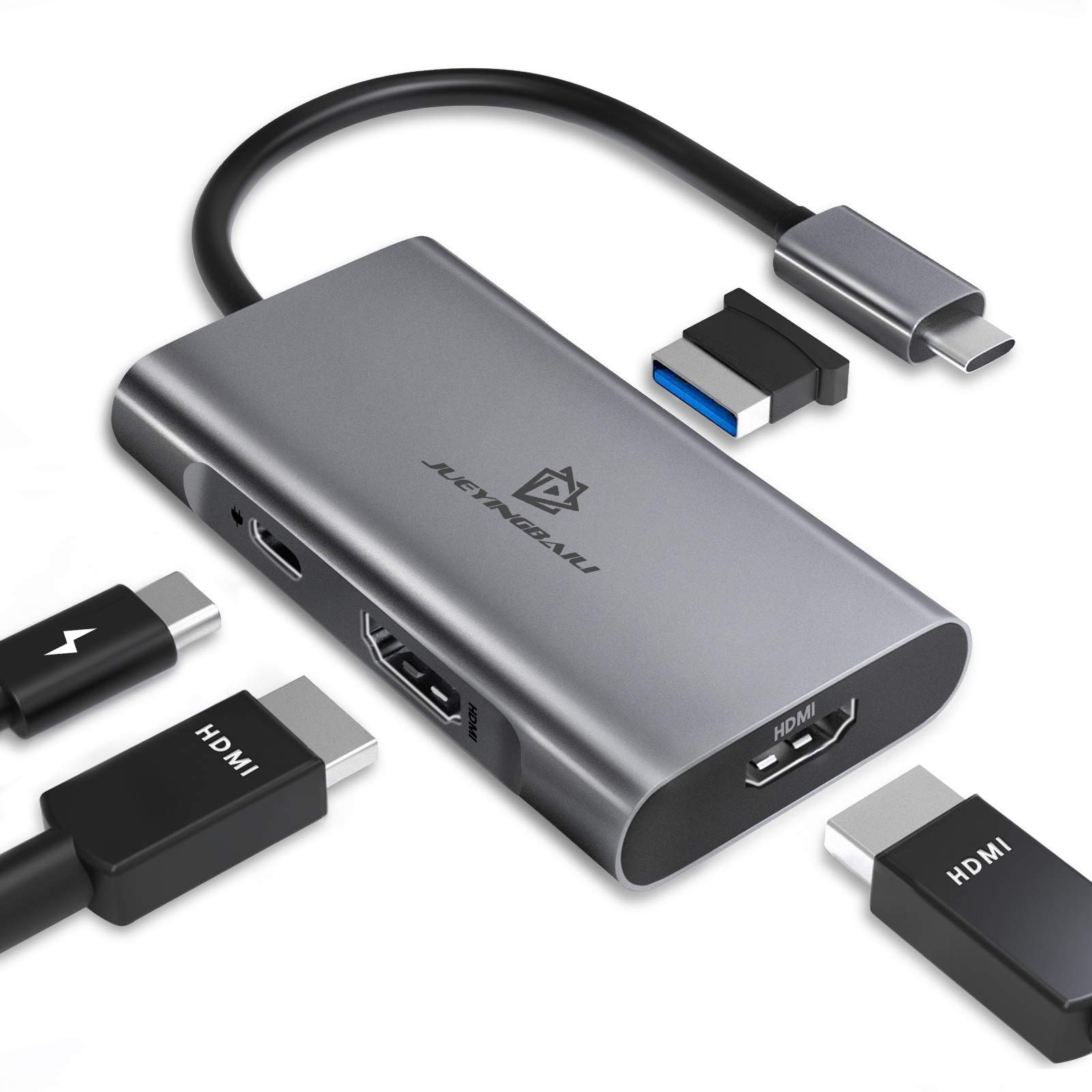 USB C To Dual HDMI Adapter - Dual HD Screen Extend & Mirror Mode - HDMI To USB C Hub with Dual 4K Display & USB 3.0 & 100W PD Compatible with MacBook Pro,Nintendo Switch And More Type C Device JUEYING