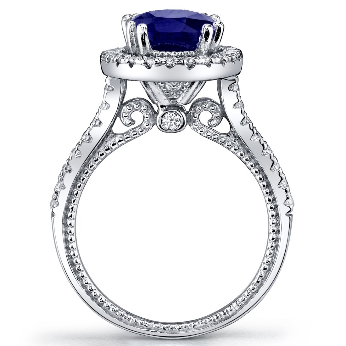 PEORA Created Blue Sapphire Halo Milgrain Solitaire Ring for Women 925 Sterling Silver, 2.75 Carats Oval Shape 9x7mm Size 9
